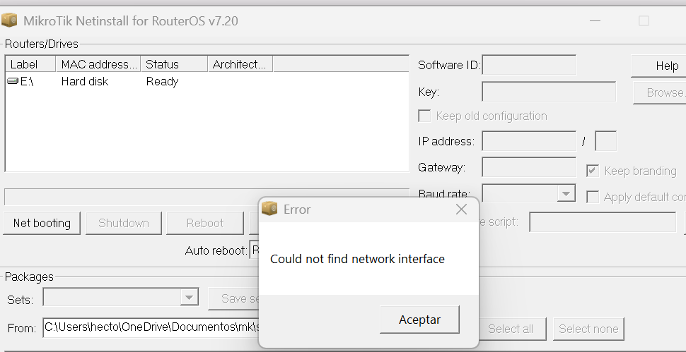 "Could not find network interface" when trying to use Netinstall - Beginner Basics - MikroTik ...