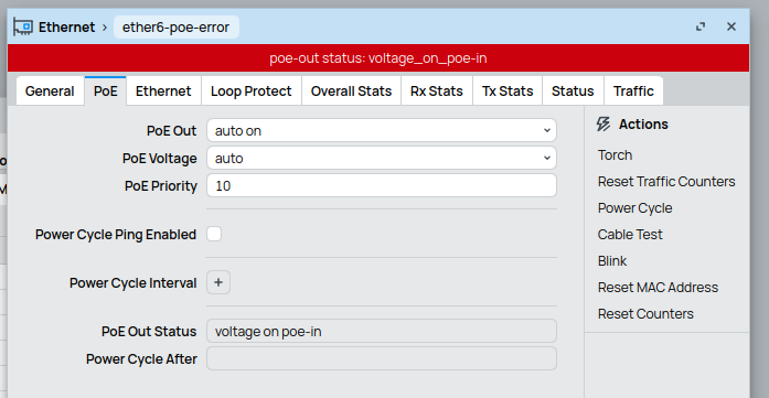 "ether6-poe-error detected poe-out status: voltage_on_poe-in ...