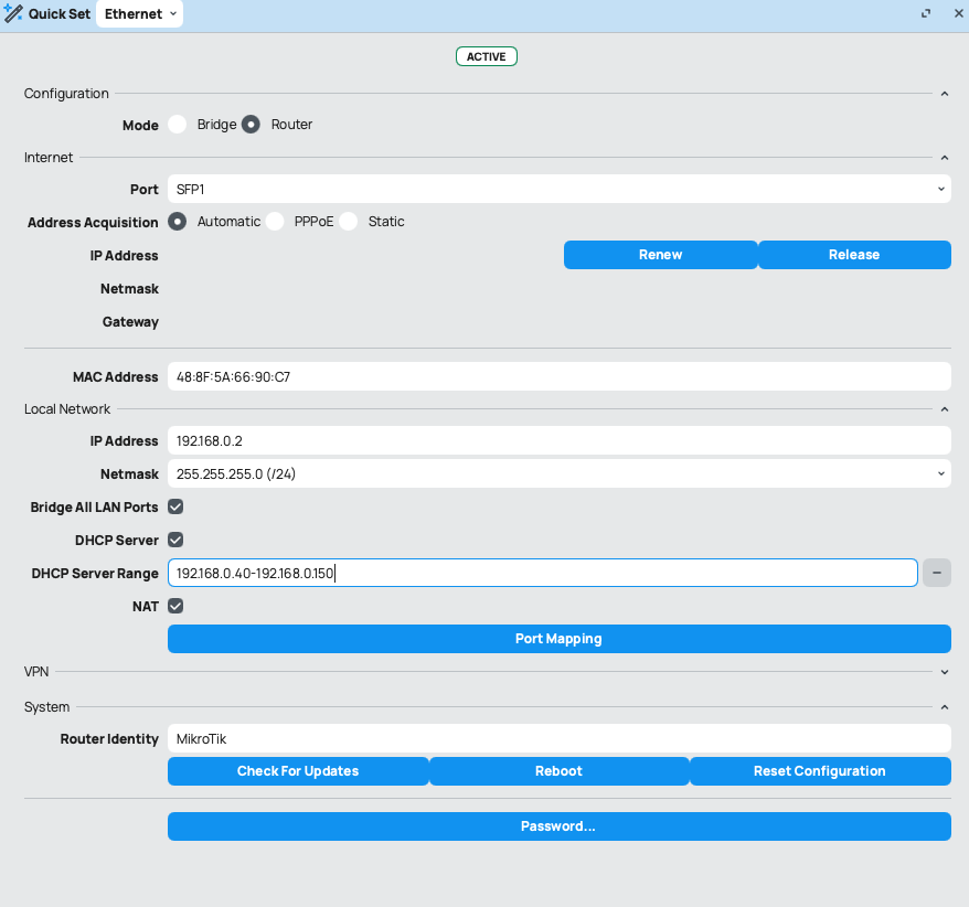 QuickSet uses 0.0.0.0 for DHCP server network - Beginner Basics - MikroTik community forum
