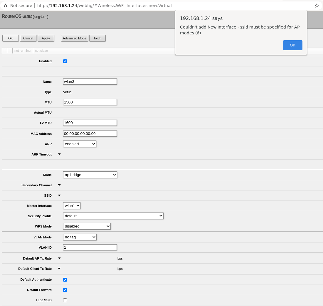 How to deal with error message: Couldn't add New Interface - ssid must be specified for AP modes ...