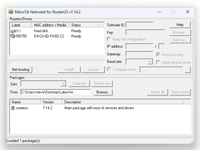 Netinstall Help: lost at final step can't select package. - General - MikroTik community forum