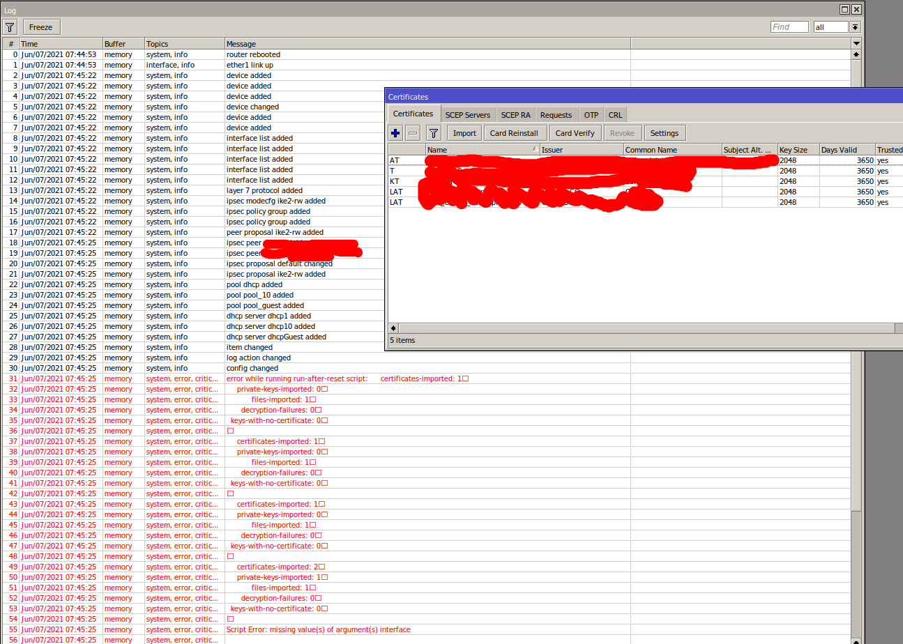 Run-after-reset import certificate stop script - Scripting - MikroTik community forum
