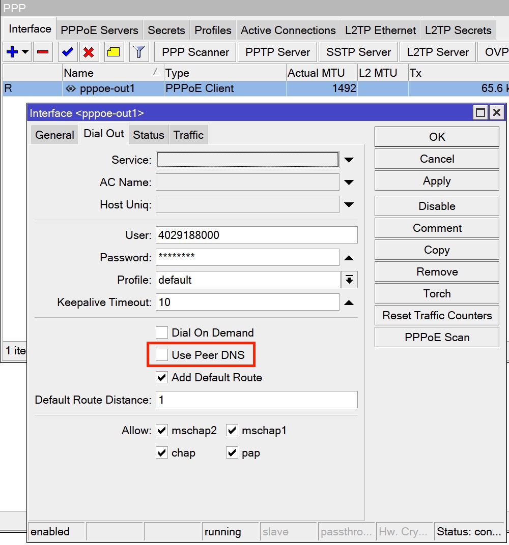 enable/disable pppoe use-peer-dns with terminal - Beginner Basics - MikroTik community forum
