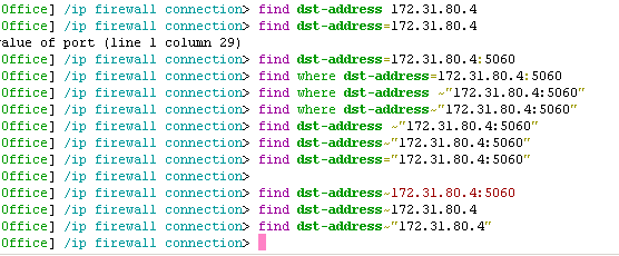 cannot use ip firewall connection find - Scripting - MikroTik community forum