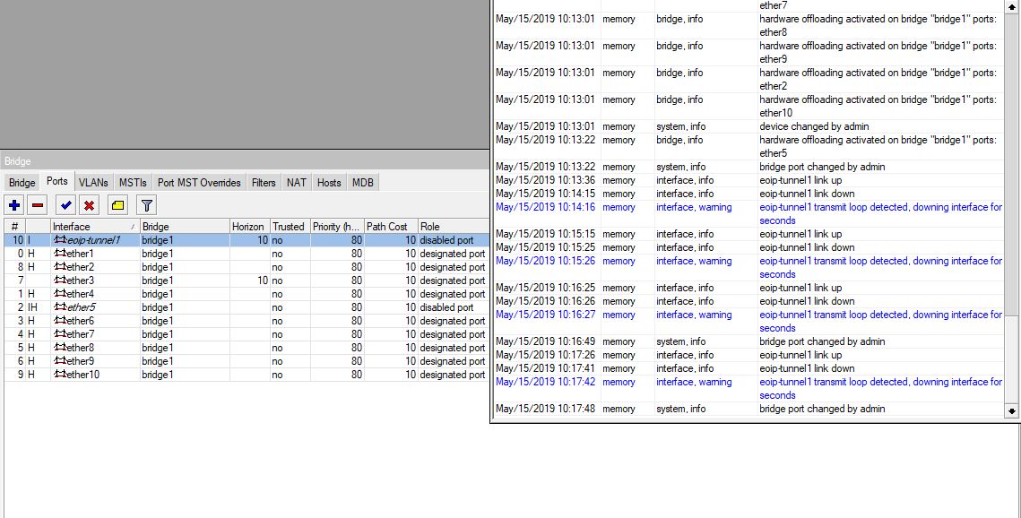 bridge + eoip + horizon = loop - Beginner Basics - MikroTik community forum